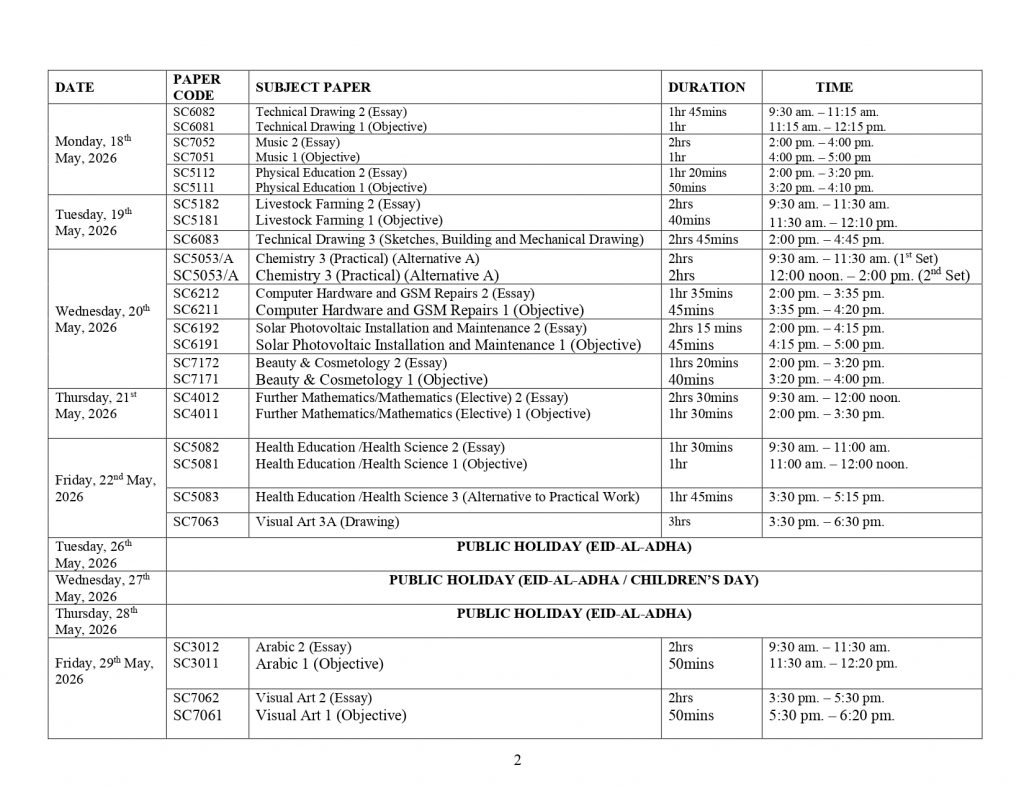 WAEC 2026 WASSCE timetable - The Trumpet Newspaper Nigeria